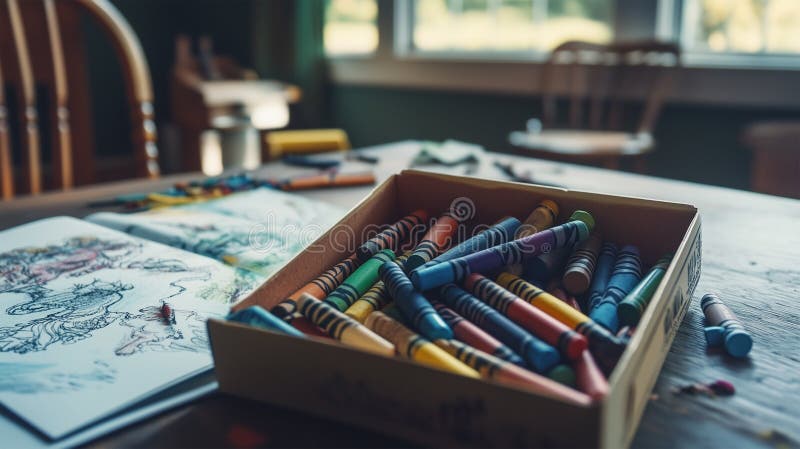 A Box of Crayons is on a Table Stock Illustration - Illustration of ...