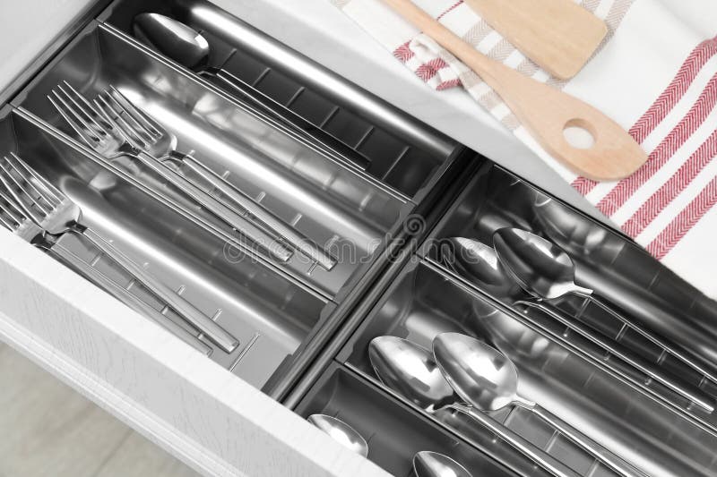 Box with Cutlery in Drawer, Above View. Kitchen Utensils Storage Stock ...