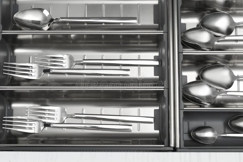 Box with Cutlery in Drawer, Top View. Kitchen Utensils Storage Stock ...