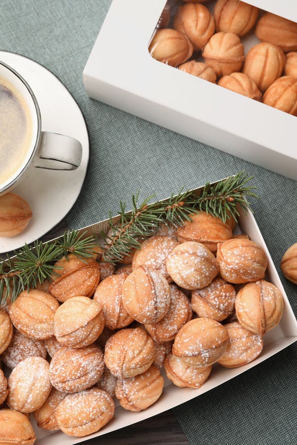 Box with Delicious Nut Shaped Cookies on Table, Flat Lay Stock Image ...