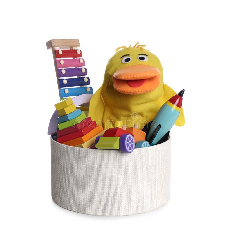 Box with Different Cute Toys on White Background Stock Image - Image of ...