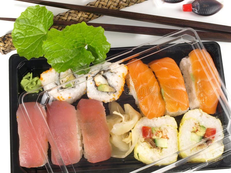 Box with Different Sushi and Wasabi for Takeaway Stock Image - Image of ...