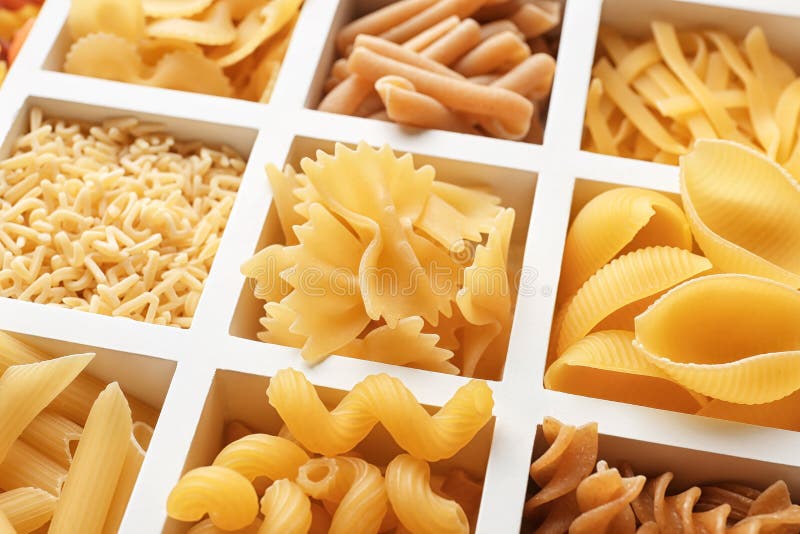 Box with Different Uncooked Pasta, Closeup Stock Photo - Image of ...
