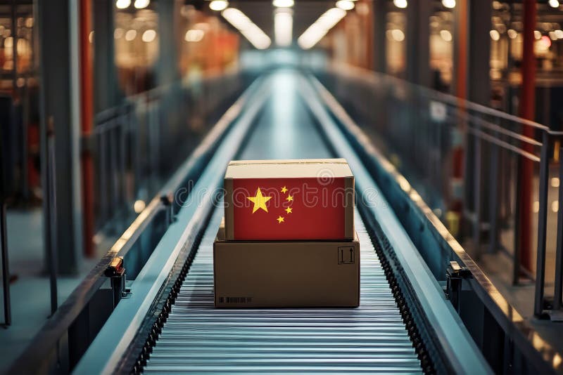 Box Displaying a Chinese Flag Positioned on an Active Conveyor Belt in ...