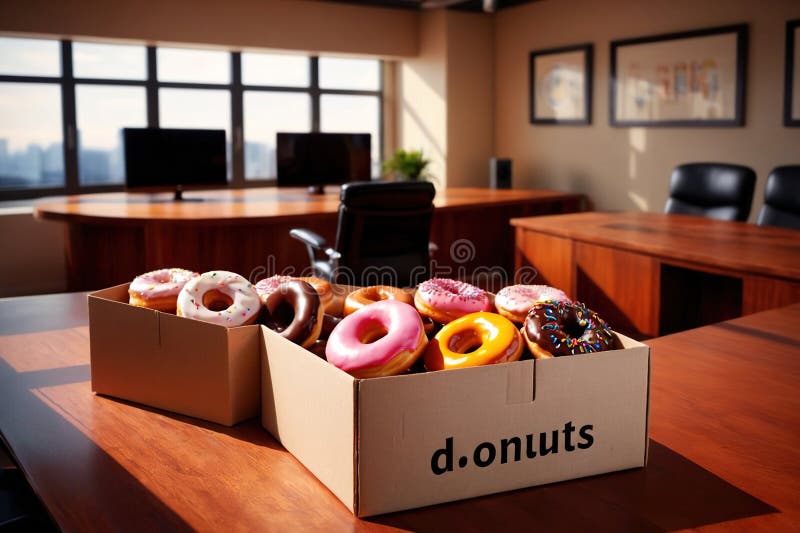Box of Donuts on Table in Modern Office Boardroom, Meeting Snacks Stock ...