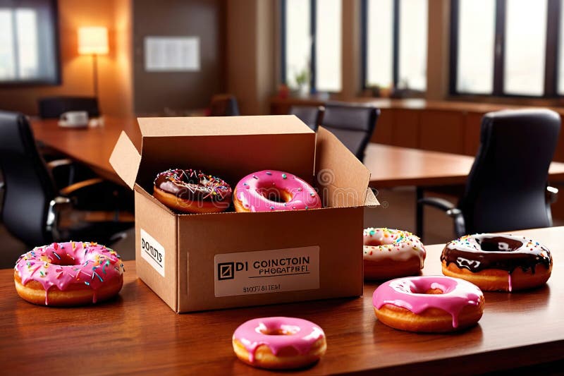 Box of Donuts on Table in Modern Office Boardroom, Meeting Snacks Stock ...