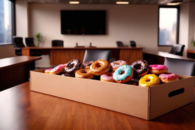 Box of Donuts on Table in Modern Office Boardroom, Meeting Snacks Stock ...