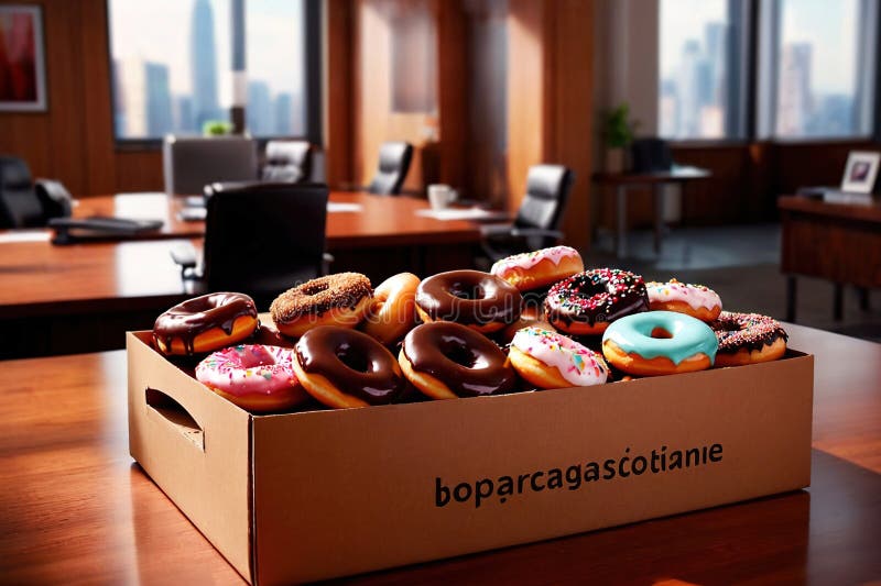 Box of Donuts on Table in Modern Office Boardroom, Meeting Snacks Stock ...