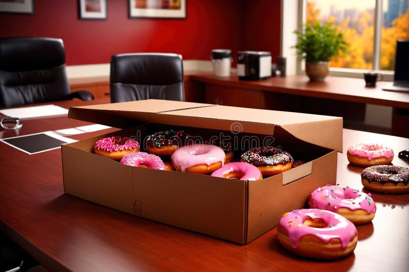 Box of Donuts on Table in Modern Office Boardroom, Meeting Snacks Stock ...