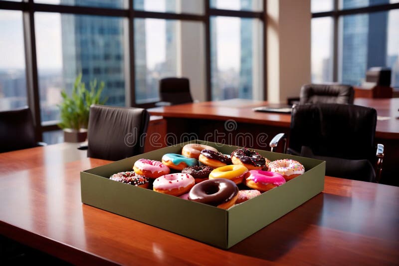 Box of Donuts on Table in Modern Office Boardroom, Meeting Snacks Stock ...