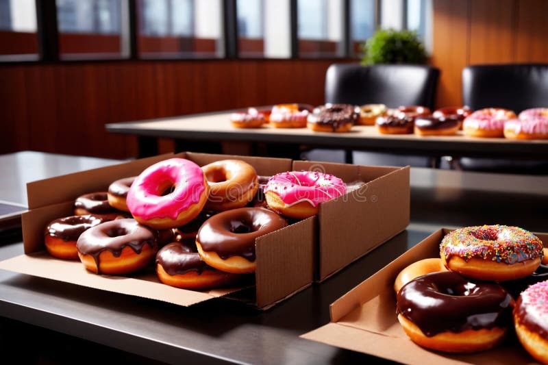 Box of Donuts on Table in Modern Office Boardroom, Meeting Snacks Stock ...