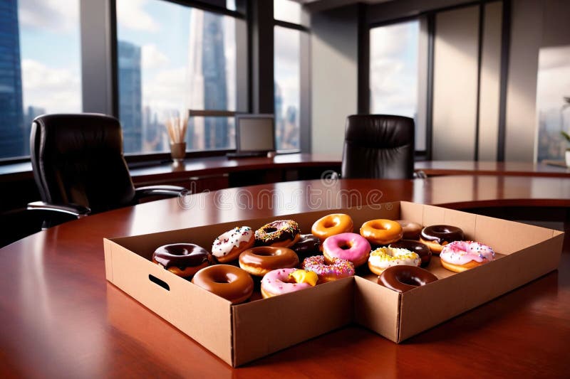 Box of Donuts on Table in Modern Office Boardroom, Meeting Snacks Stock ...