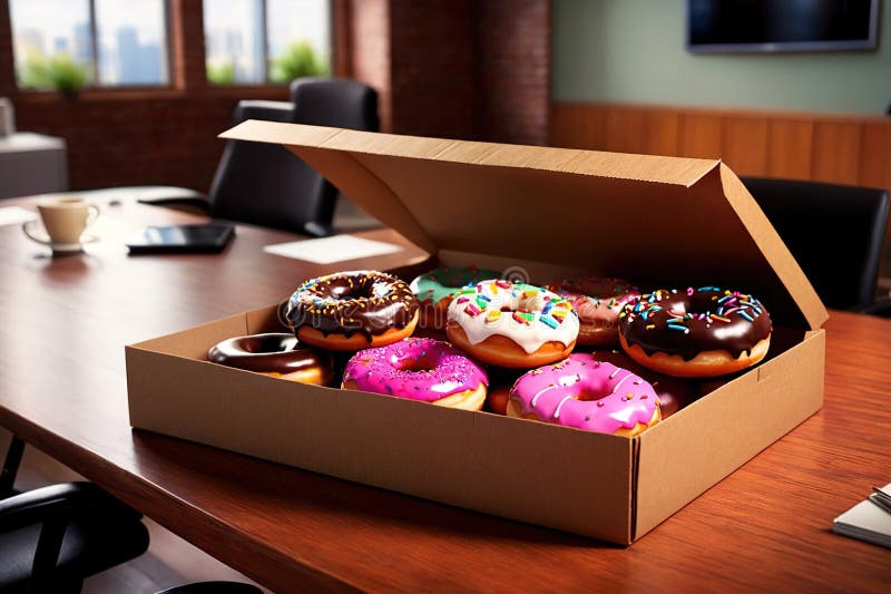 Box of Donuts on Table in Modern Office Boardroom, Meeting Snacks Stock ...