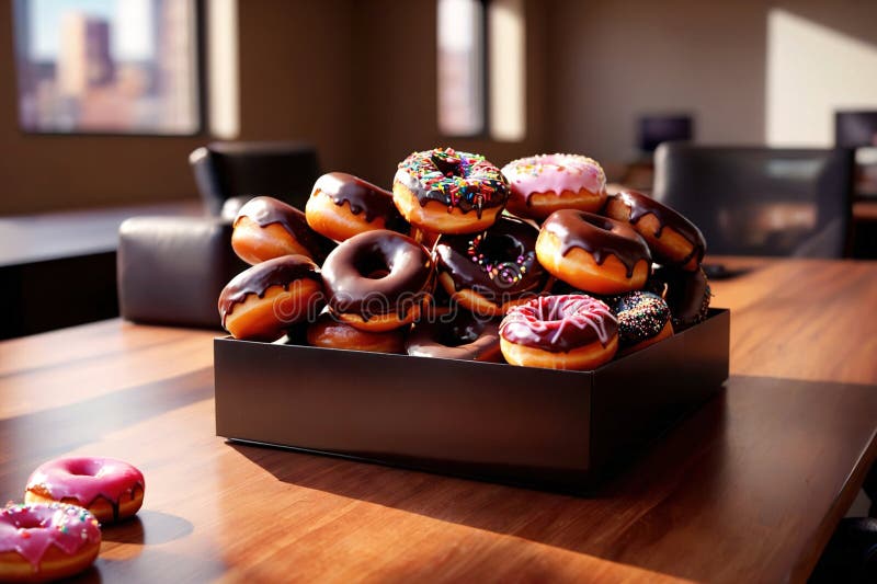 Box of Donuts on Table in Modern Office Boardroom, Meeting Snacks Stock ...