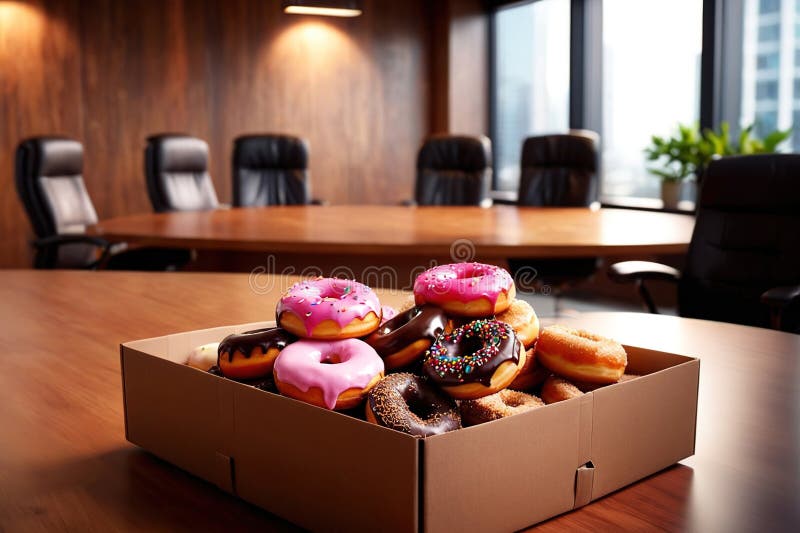 Box of Donuts on Table in Modern Office Boardroom, Meeting Snacks Stock ...