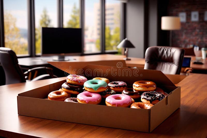Box of Donuts on Table in Modern Office Boardroom, Meeting Snacks Stock ...