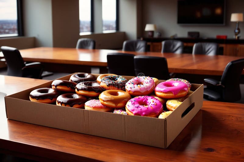 Box of Donuts on Table in Modern Office Boardroom, Meeting Snacks Stock ...