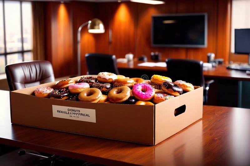 Box of Donuts on Table in Modern Office Boardroom, Meeting Snacks Stock ...