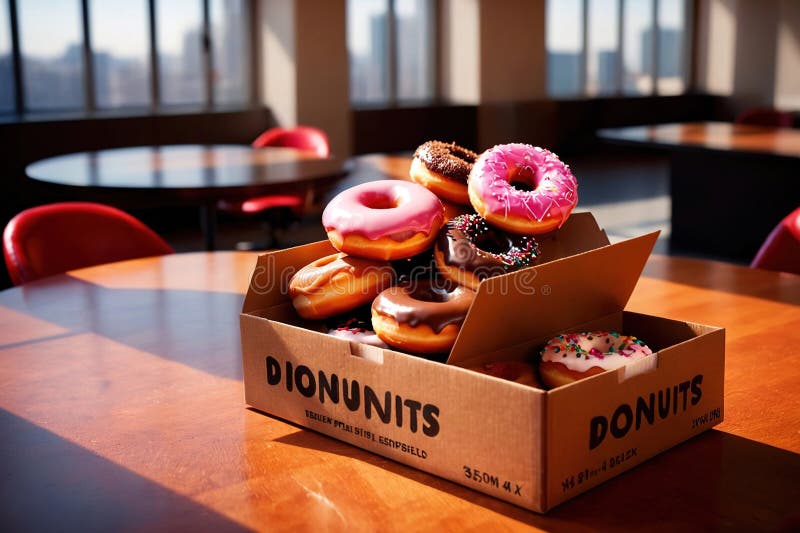 Box of Donuts on Table in Modern Office Boardroom, Meeting Snacks Stock ...