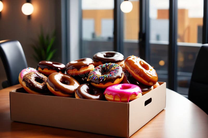 Box of Donuts on Table in Modern Office Boardroom, Meeting Snacks Stock ...