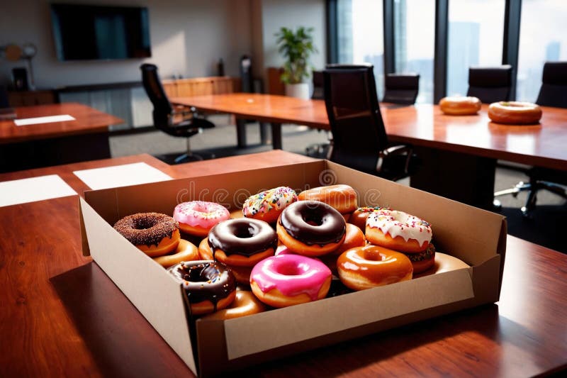 Box of Donuts on Table in Modern Office Boardroom, Meeting Snacks Stock ...