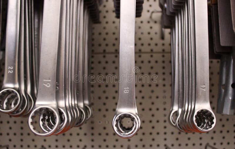 Box End Spanners with Variety Size on a Shelf in a Workshop Stock Photo ...