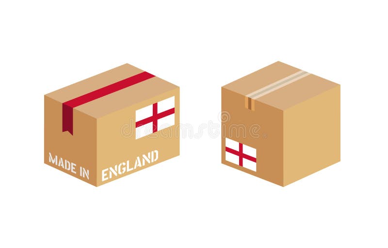 Box with England Flag Icon Set, Cardboard Delivery Package Made in ...