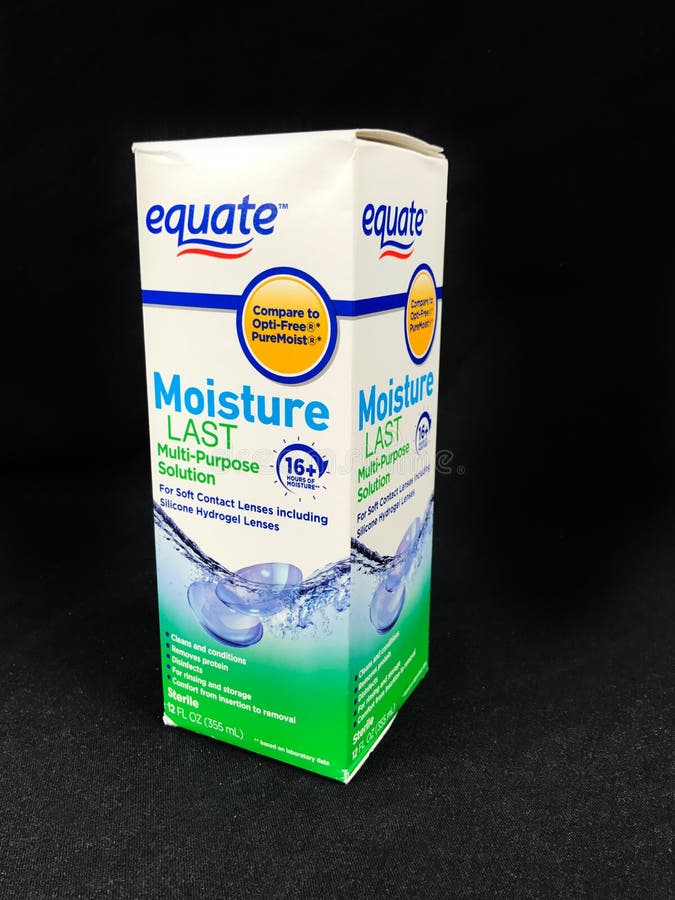 Box of Equate Contact Lens Solution on a Black Backdrop Editorial Stock ...