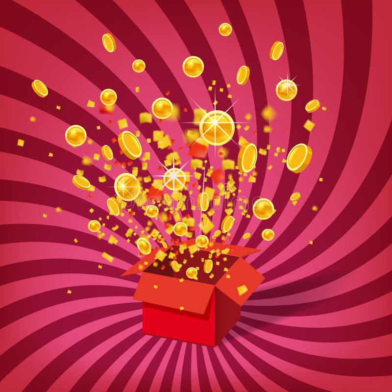 Box with Coins Exploision, Blast. Open Red Gift Box and Confetti. Win ...