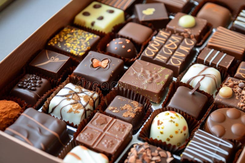 A Box Filled with a Variety of Chocolates in Fancy Packaging, a Box of ...