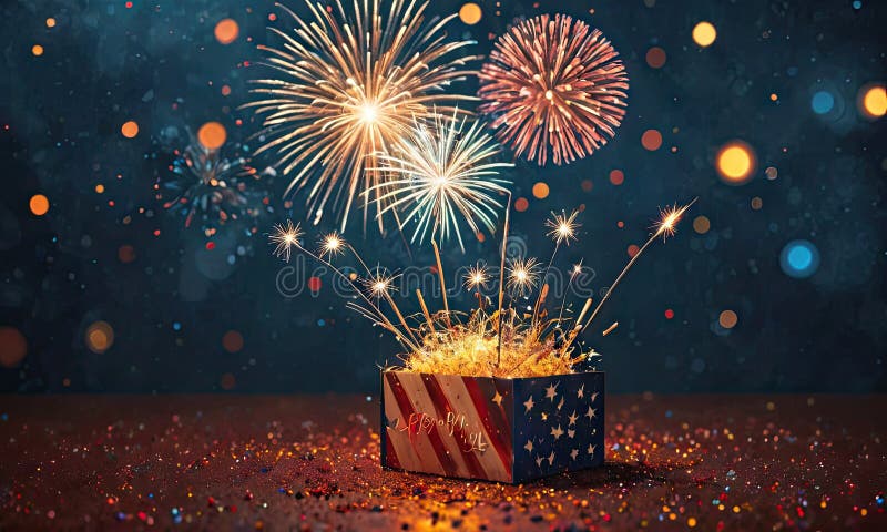 A Box with Fireworks in it is Lit Up in the Middle of a Table. Stock ...