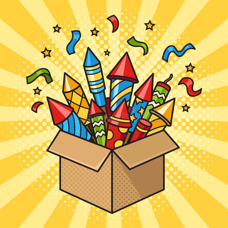 Box with Fireworks Pop Art Vector Illustration Stock Vector ...