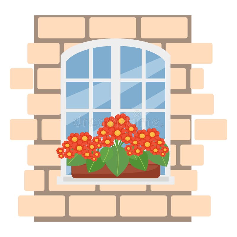 Box with Flowers on the Window, Brick Wall with Red White Window ...