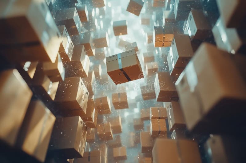 A Box is Flying through a Warehouse with Many Other Boxes Stock Photo ...