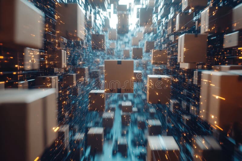 A Box is Flying through a Warehouse with Many Other Boxes Stock Photo ...