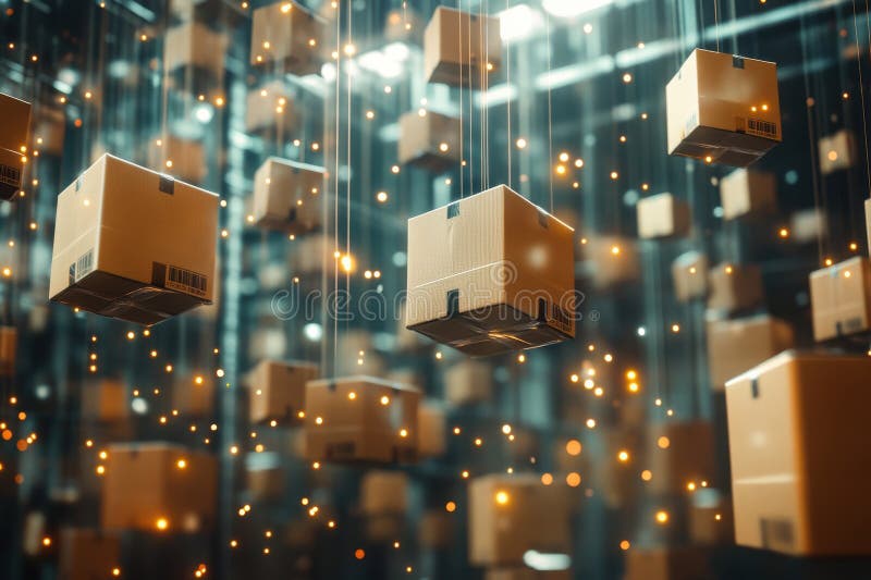 A Box is Flying through a Warehouse with Many Other Boxes Stock Photo ...