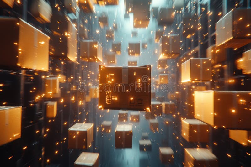 A Box is Flying through a Warehouse with Many Other Boxes Stock Photo ...