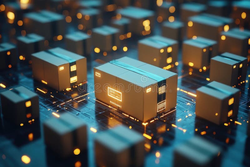 A Box is Flying through a Warehouse with Many Other Boxes Stock Photo ...