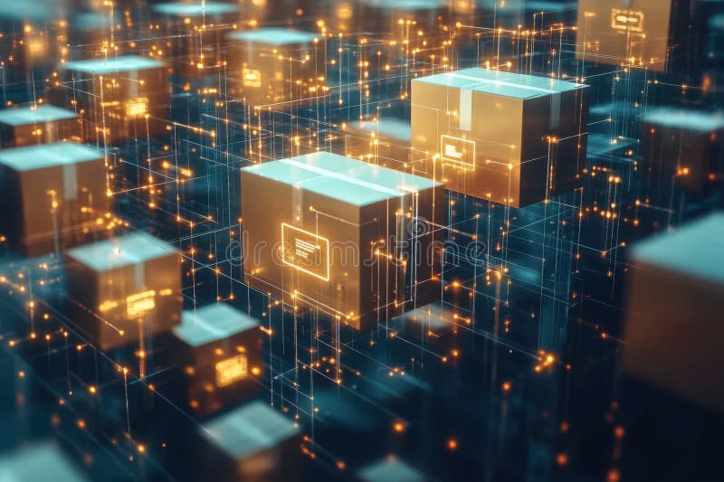 A Box is Flying through a Warehouse with Many Other Boxes Stock Photo ...