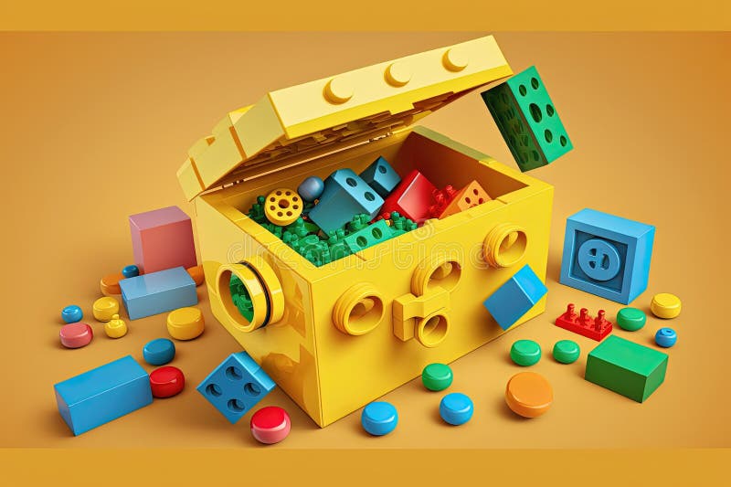 Box Full of Colorful Toy Plastic Bricks and Blocks on Yellow Bac Stock ...