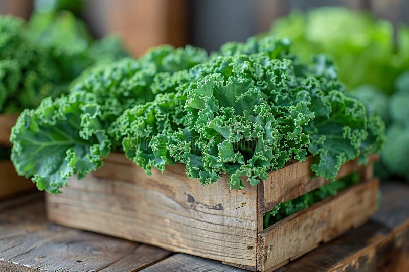 Box Full of Kale Placed on Top of Wooden Plank, Background Out of Focus ...