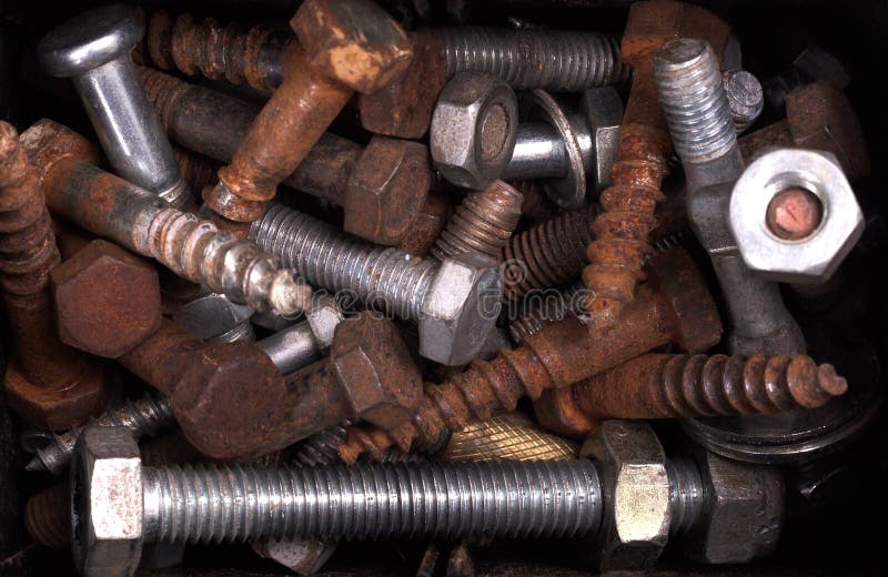 Box Full of Old Bolts, Different Condition and Size Stock Image - Image ...