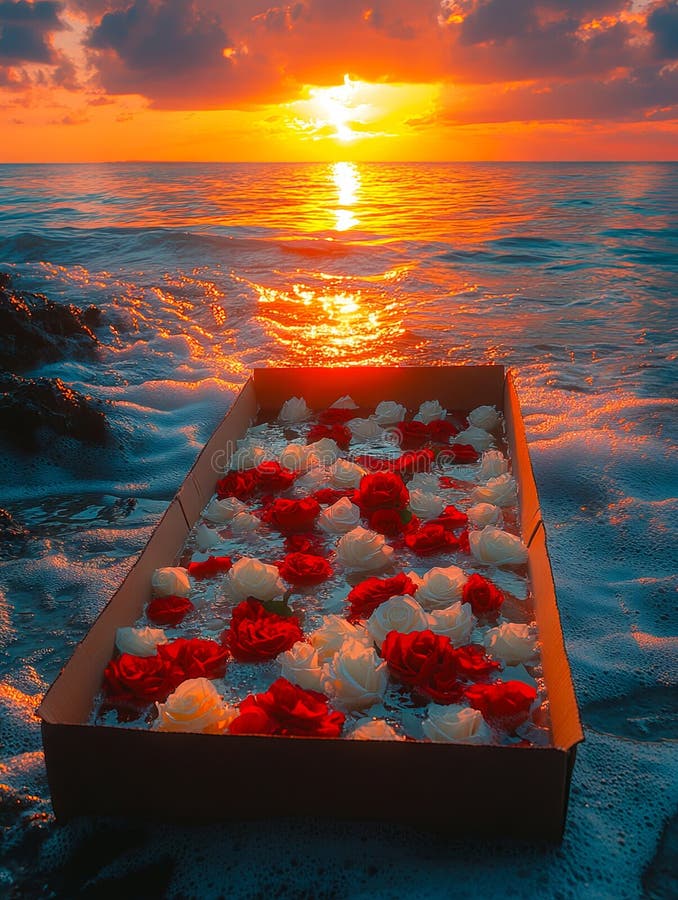 A Box Full of Red and White Roses Sitting on the Beach at Sunset Stock ...