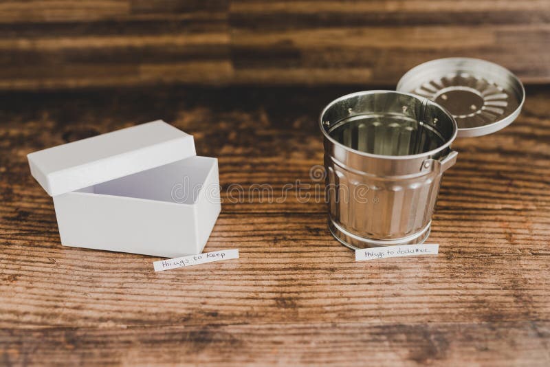 Box and Garbage Bin with Things To Keep and Things To Declutter Labels ...