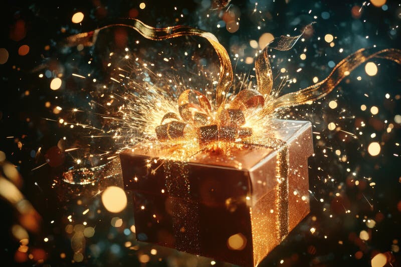 Box with a Gold Ribbon is Exploding with Sparks Stock Photo - Image of ...
