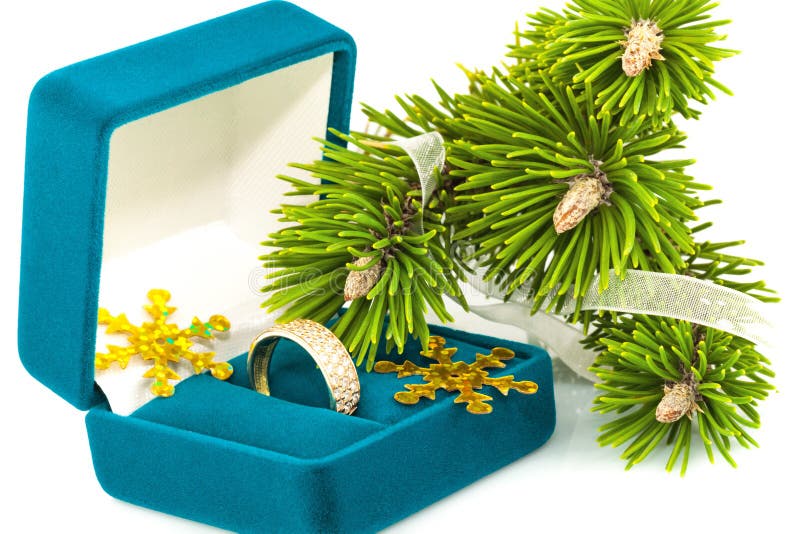Box with Golden Ring and Twig Christmas Tree Stock Image - Image of ...