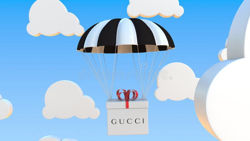 Box with Gucci Logo Falls with a Parachute. Editorial Loop-able 3D ...