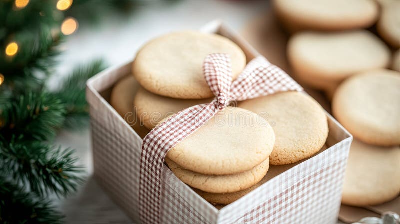 A Box of Handmade Cookies with a Gingham Ribbon, Set on a Festive Stock ...