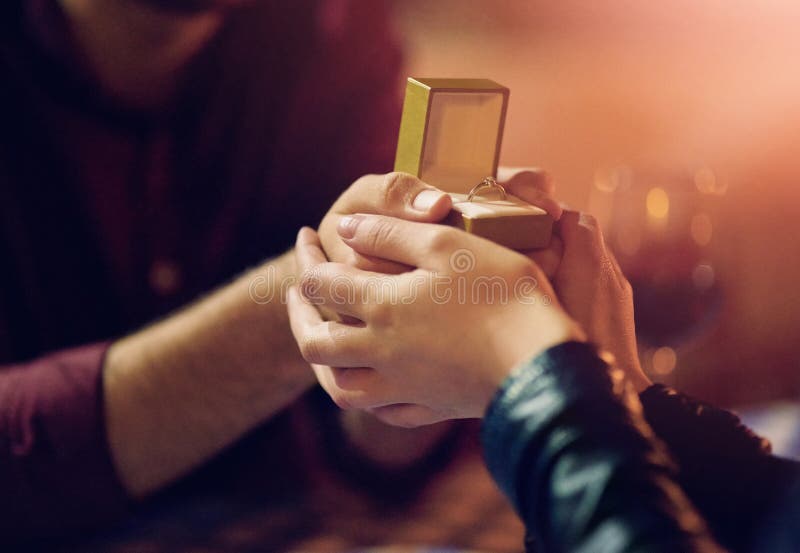 Box, Hands and Proposal with Couple in Restaurant Together for ...