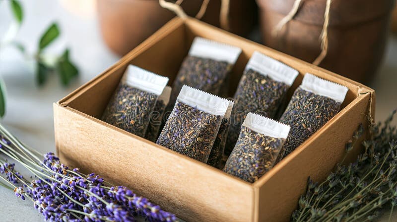 A Box of Herbal Tea Sachets Displayed with Dried Lavender Sprigs Stock ...